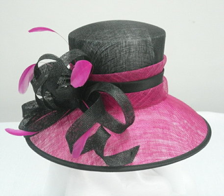 Black / Fuchsia Sinamay Ladies Hats For Wedding With Sinamy Loop Trim