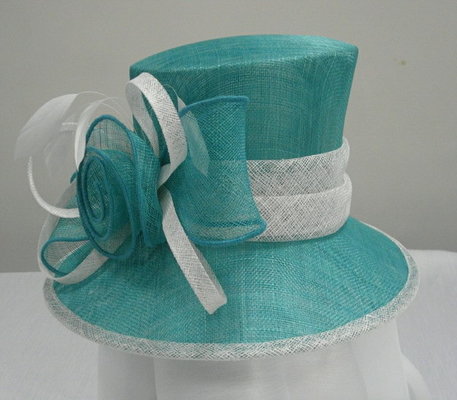 Turquoise / White Sinamay Ladies Hats Sinamay Bow And Rose With 3cm Satin Sweatband