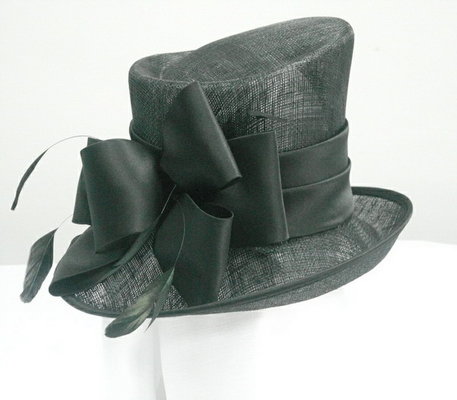 Wedding Black Sinamay Ladies Hats Bridal Satin Bow And Feathers With Small Up Brim