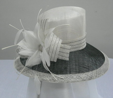 Wedding Feather Trim Sinamay Ladies Hats White / Black With Topstitch Sinamay
