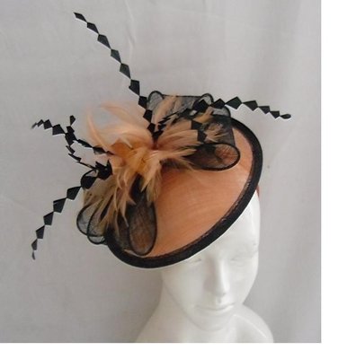 Sinamay Feather Trim Ladies Fascinator Hats Orange / Black For Horse Racing