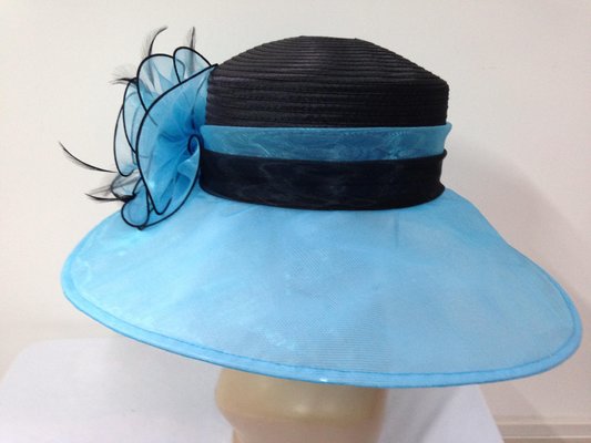 Polyester Braid / Mesh Organza Hat Black / Turquoise With Organza Trimming