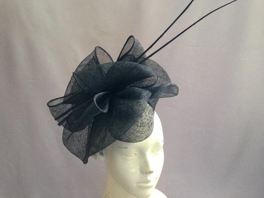 Ink Blue Ladies Fascinator Hats Self Sinamay / Two Quill Trimming For Wedding