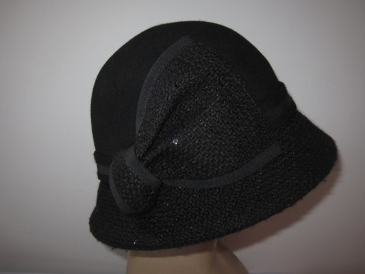 Cloche Wool Felt Hats With Tweed Fabric Covered Brim And Bow Trimming For Special Occasio