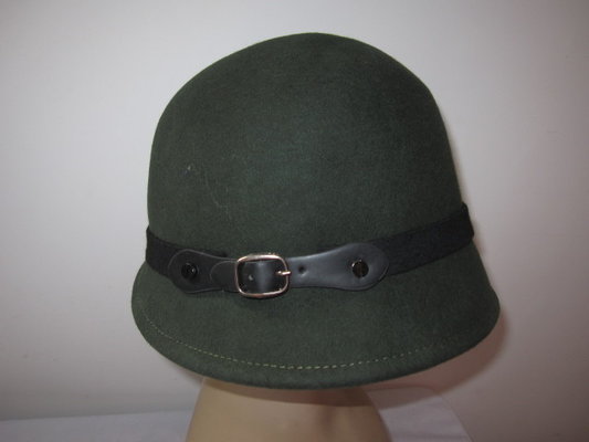 Ladies' Cloche 100% Wool Felt Hats Olive With Leather Belt Trimming