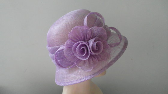 Cute Round Crown Abaca Sinamay Ladies Occasion Hats Purple With Roses , Petal , Stripe