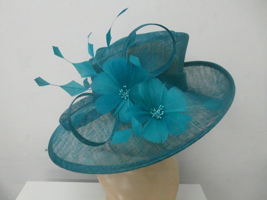 Blue Sinamay Ladies Hats Trimmed With Two Elegant Shaped Feather Flower , Leaves