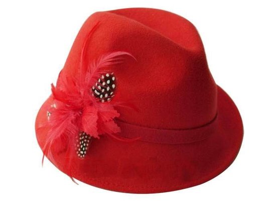 Elegant Ladies’ Red Fedora Wool Felt Hats With Bunch Of Feathers For Christmas, Party
