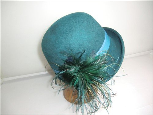 Fashion Blue Ladies’ Wool Felt Hats With Feathers Trim and Ribbon Band for Party In Winter