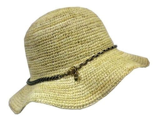 Woven Straw Ladies' Casual Hats For Beach, Natural Crochet Raffia Hat With Chain for Women