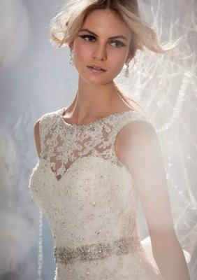 Classic A Line Ball Gown Wedding Dress , Crystal Wedding Dresses Exquisite Gauze Tail