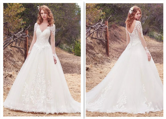 Long Sleeve White Organza Ball Gown BVridal Dress Lace Wedding Dress