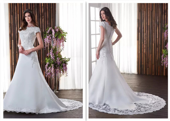 A Word Shoulder A Line Style Wedding Dresses Short Sleeve Tailing Slim