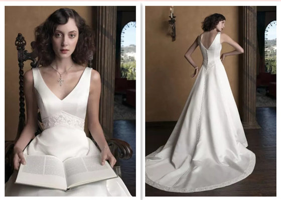 New Meghan Markle Style A Line Wedding Dresses Covered Buttons Bridal Gowns