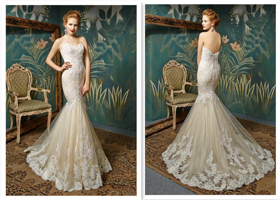 Champagne Color Sweetheart Strapless Cheap Lace Up Elegant Mermaid Lace Wedding Dress