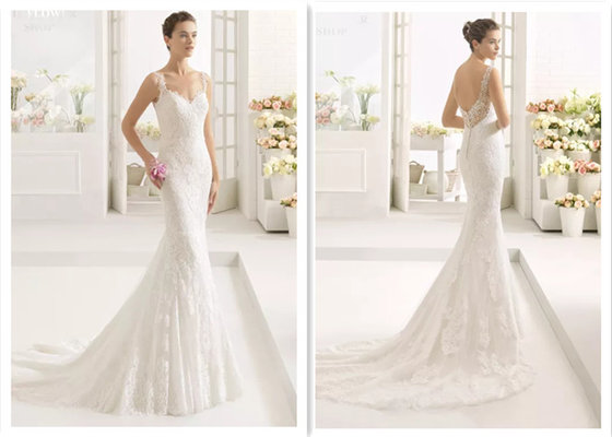White straple mermaid wedding dresses with sweep train for slim ladies