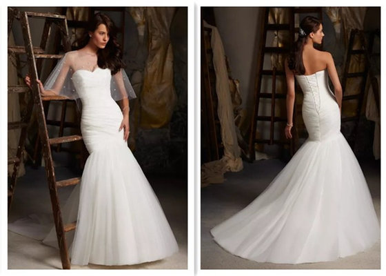 Luxury Low Back Mermaid Wedding Dress , Ladies White Mermaid Bridesmaid Dresses