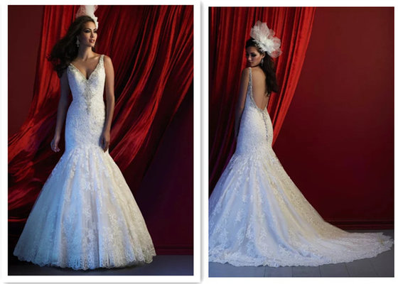 Embroidery Bride Mermaid Tail Wedding Dress With Long Train Customized Size