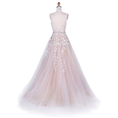Real Picture Peach Prom Evening Gowns With V Applique CZ Diamond Decoration