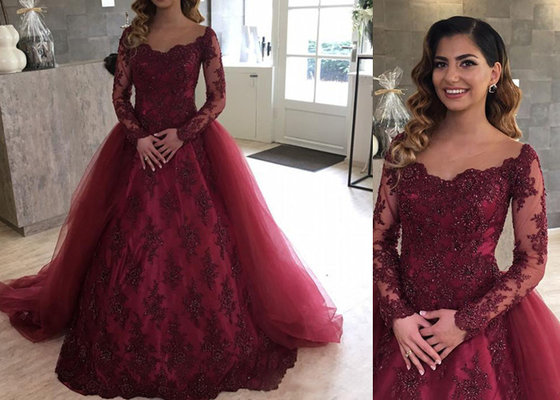 Elegantly Red Lace Prom Dress / Luxury Long Sleeve Short Prom Dresses