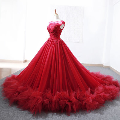 Fashion Embroidered Red Prom Dress / Tulle Big Tail Beautiful Prom Dresses
