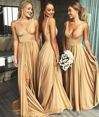Floor Length Champagne Bridesmaid Dresses / Crystal Silk Bridesmaid Dresses