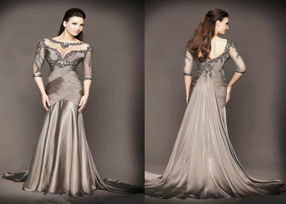 Mermaid Beach Bride's Mom Dresses For Ruched Evening Gowns 3/4 Sleeve