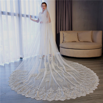 2T Long Lace Veil Bridal Gown Accessories With Machine And Handmade Embroidery
