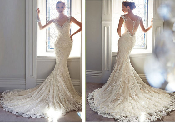 Sexy Deep V Mermaid Tail Wedding Dress , Handmade Lace Wedding Gowns For Womens