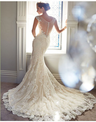 Sexy Deep V Mermaid Tail Wedding Dress , Handmade Lace Wedding Gowns For Womens