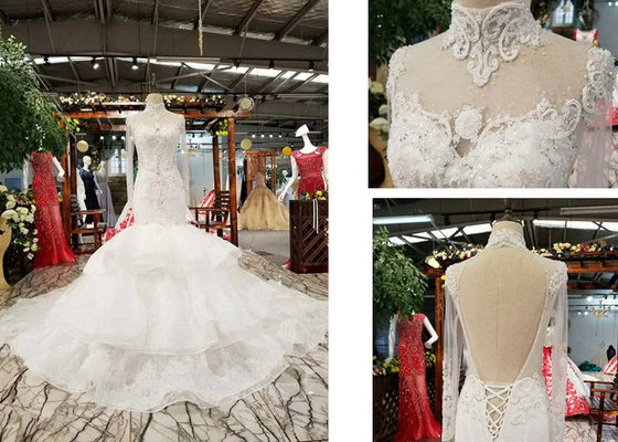 High-end Wedding Dress Perspective from European and American High-collar Fishtail Sexy Belt with Tail and Long Sleeve