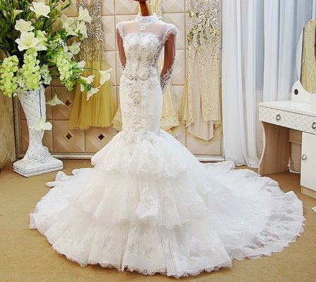 High-end Wedding Dress Perspective from European and American High-collar Fishtail Sexy Belt with Tail and Long Sleeve