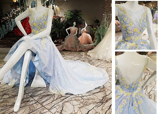 Pale blue with clear shoulders and small trailing tails for luxury court evening dresses