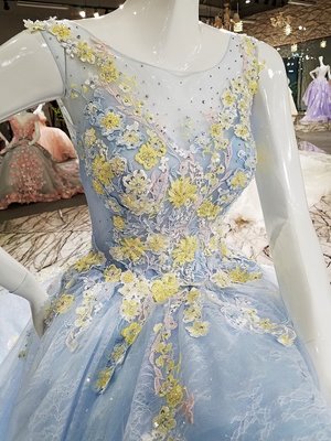 Pale blue with clear shoulders and small trailing tails for luxury court evening dresses