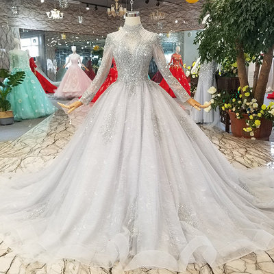 New customized high-collar high-class grey crystal tail banquet hosts luxury long-sleeved wedding dress
