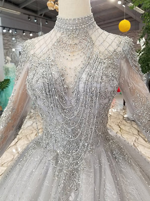 New customized high-collar high-class grey crystal tail banquet hosts luxury long-sleeved wedding dress