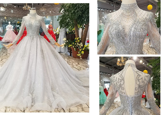 New customized high-collar high-class grey crystal tail banquet hosts luxury long-sleeved wedding dress
