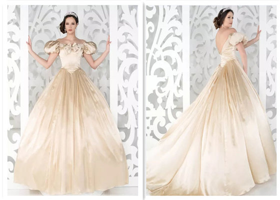 Modern Off Shoulder Ball Gown Style Wedding Dresses With Long Tail Capped Sleeve
