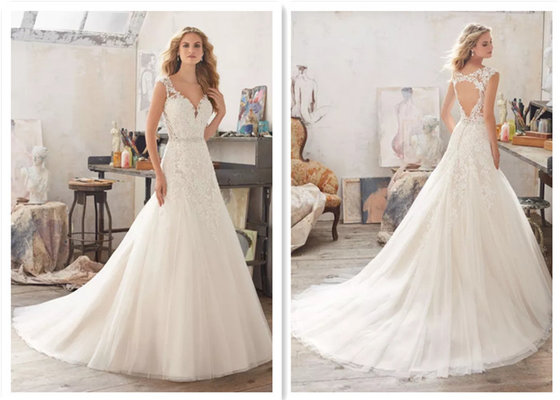 V - Neck A Line Style Wedding Dresses With Appliques Cathedral Train