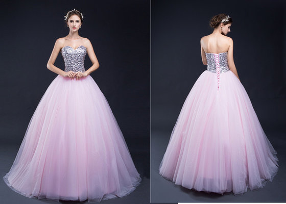 Long Pink Prom Evening Gowns With Strapless Crystal Beading Decoration