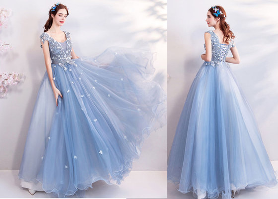Glamorous Formal Prom Evening Gowns Appliqued Floor Length Beaded Back Strap