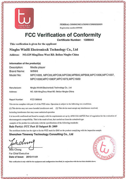 China Ningbo WinHi Electronics&amp;Technology Co.,Ltd certification