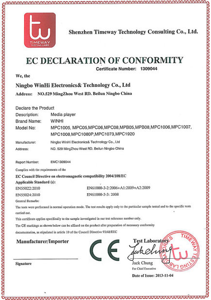 China Ningbo WinHi Electronics&amp;Technology Co.,Ltd certification