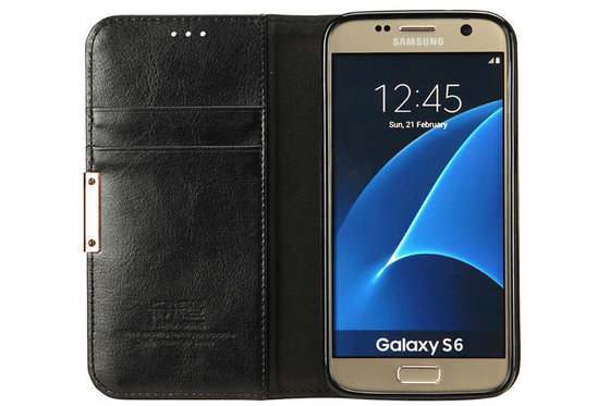 Galaxy S6 Leather Phone Cases Black Color With Stand / Card Slot CE Approved