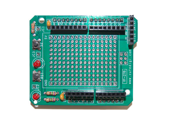 Assembled Protoshield for Arduino  (2 general use LEDS and 1 general use button included on the board)