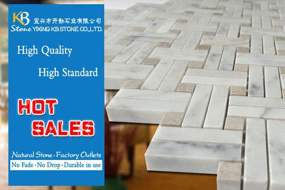 Polished Bianco Carrara White Basketweave Marble Wall Tile Mixed Beige Dots