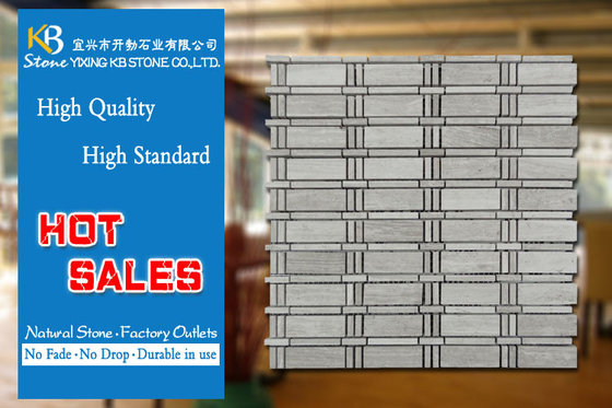 Pool Strip Wooden Grey Marble Mosaic Tiles Fiber Mesh Mounted On