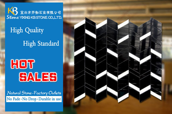 Black White marble kitchen wall mosaic tile badge shape black herringbone