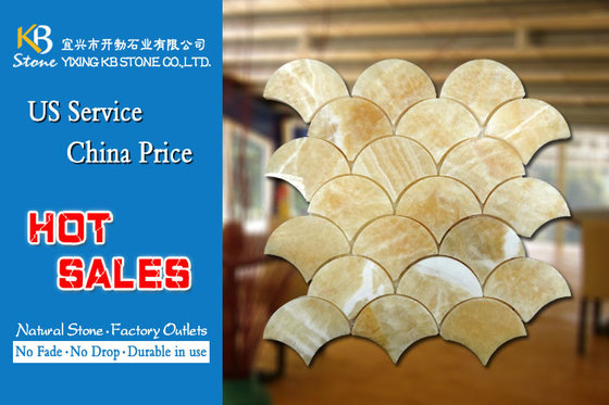 TV background wall interior marble mosaic tiles polished yellow onyx fishscale