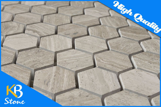 Honeycomb Polished Wooden Beige &amp; Athens Grey Marble Mosaic Tile Sheet Hexagon Shape